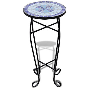 NusGear Mosaic Side Table Plant Table Blue White, Material: Iron Tube + Ceramic Tile -128