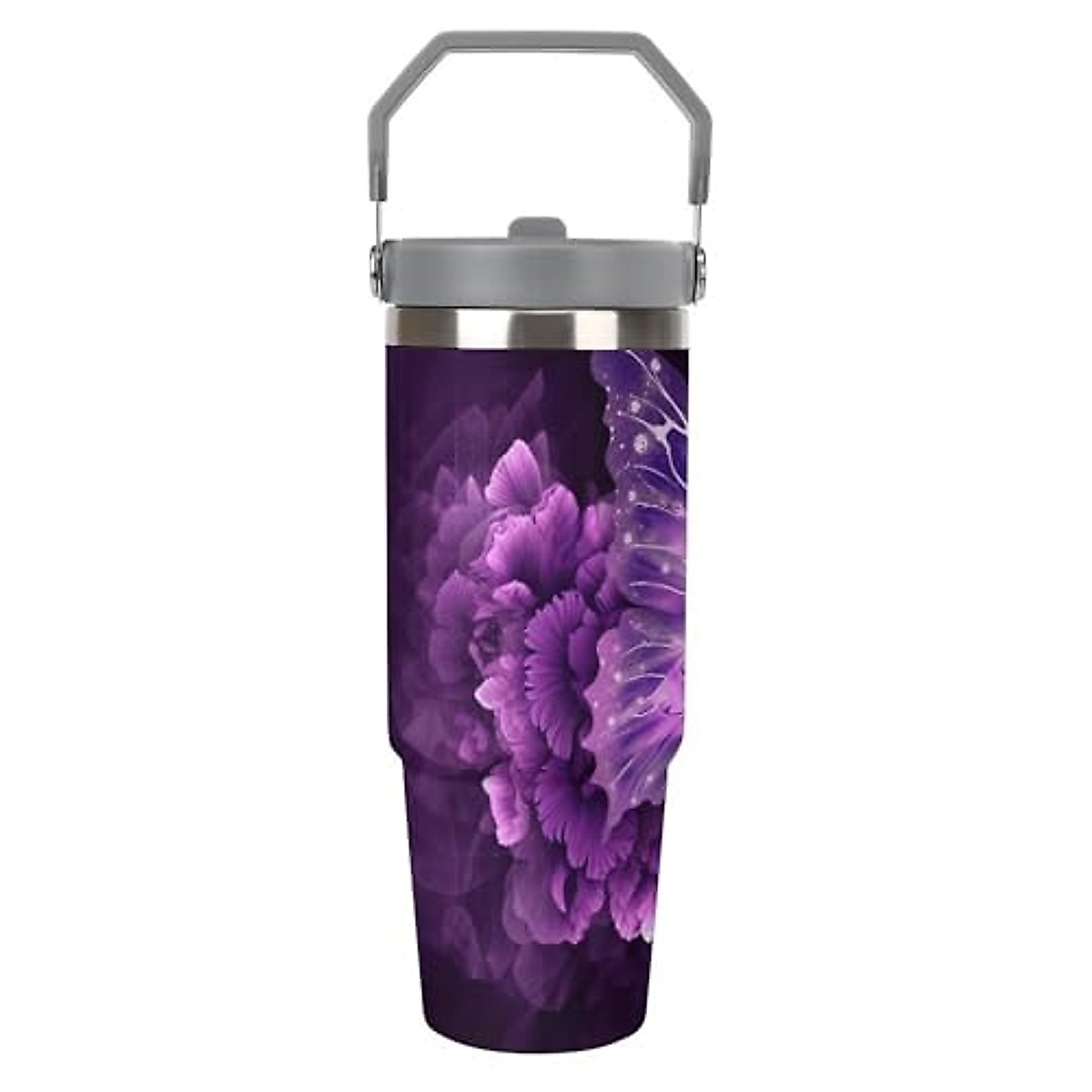 Beautiful Purple Butterfly Floral 30 Oz Tumbler with Handle And Flip Straw, Stainless Steel Vacuum Insulated Travel Mug, Thermal Cup for Coffee, Water, Iced Drinks, Fits Car Cup Holders (Home, Sports)