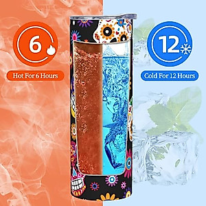 Tangopi Skull Head Floral 20 oz Tumbler with Lid and Straw Insulated Travel Coffee Mug Reusable Spill Proof Coffee Cups Stainless Steel Water Bottle for Hot and Cold Drinks