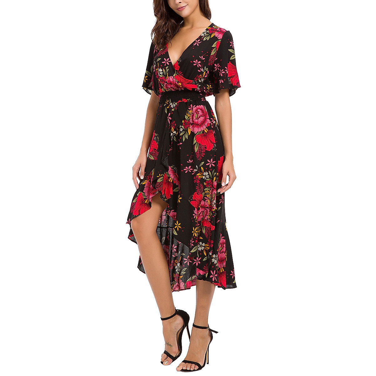 Kormei Womens Short Sleeve Floral High Low V-Neck Flowy Party Long Maxi Dress M Black&Red