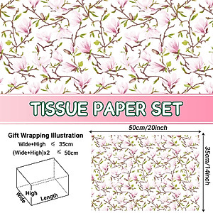 100 Sheets Pink Magnolia Flowers Printed Tissue Paper Floral Pattern and Leaves Art Decorative Tissue for Gift Wrapping Supplies