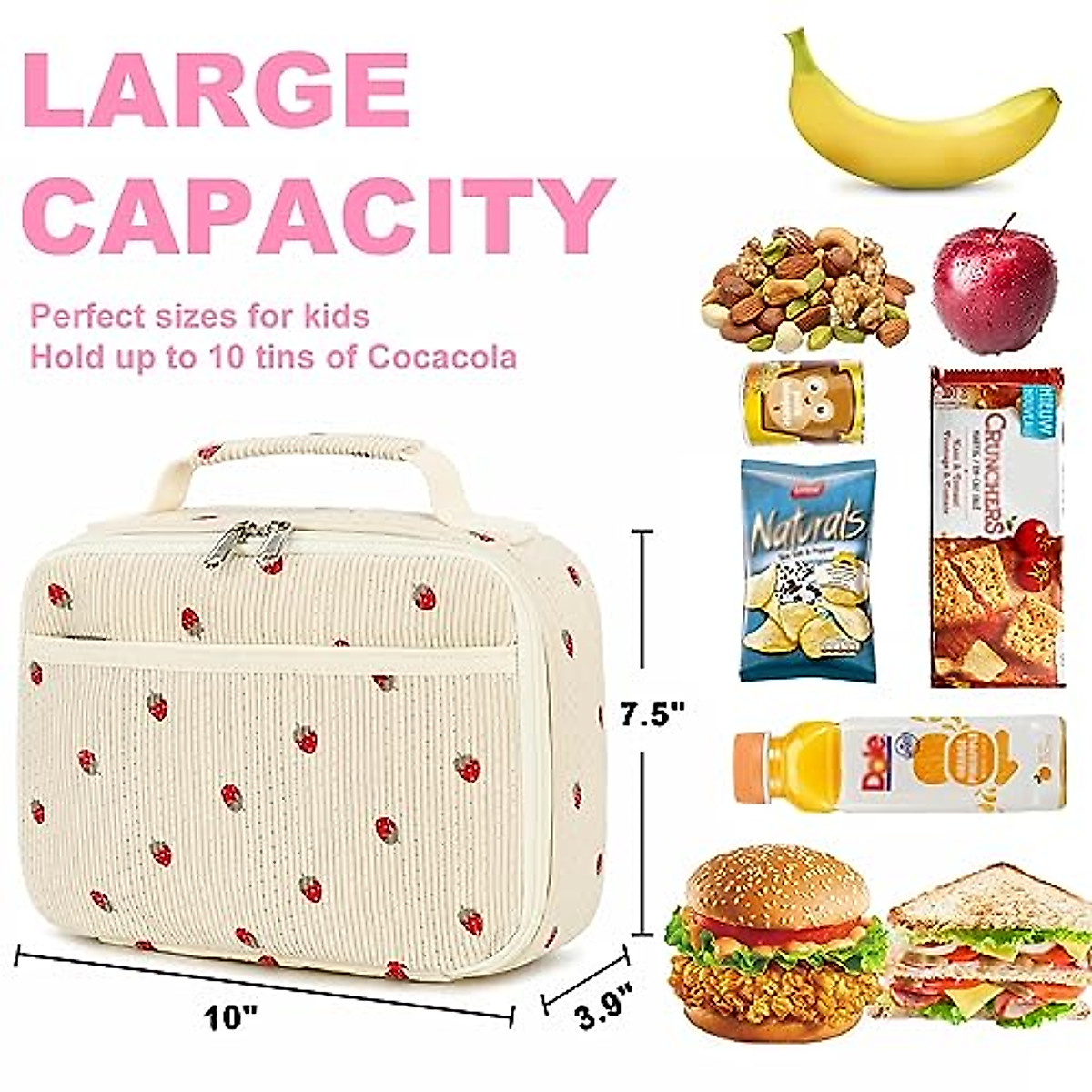 Bluboon Corduroy Insulated Lunch Bag for Girls - Strawberry Beige School Lunch Tote with Cooler Compartment