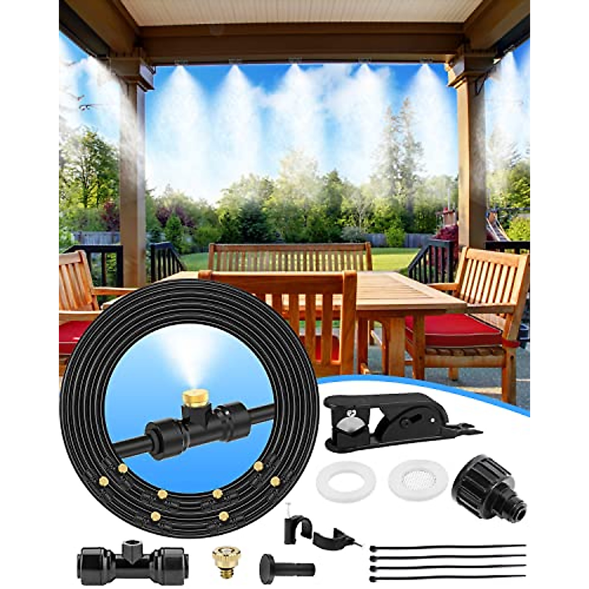 wudee Misters for Outside Patio, 66FT(20M) Misting Line, 15 Brass Mist Nozzles and Brass Adapter(3/4"), Detachable Misters for Patio and Garden Trampoline for waterpark