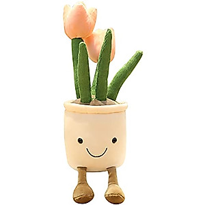 WUZHOU Tulip Plush Toy, 13.7" Flower Pot Stuffed Plushie Pillow Decoration, Soft Fluffy Toy Succulent Plants Friend Throw Pillow, Multicolor (Pink-Tulip)