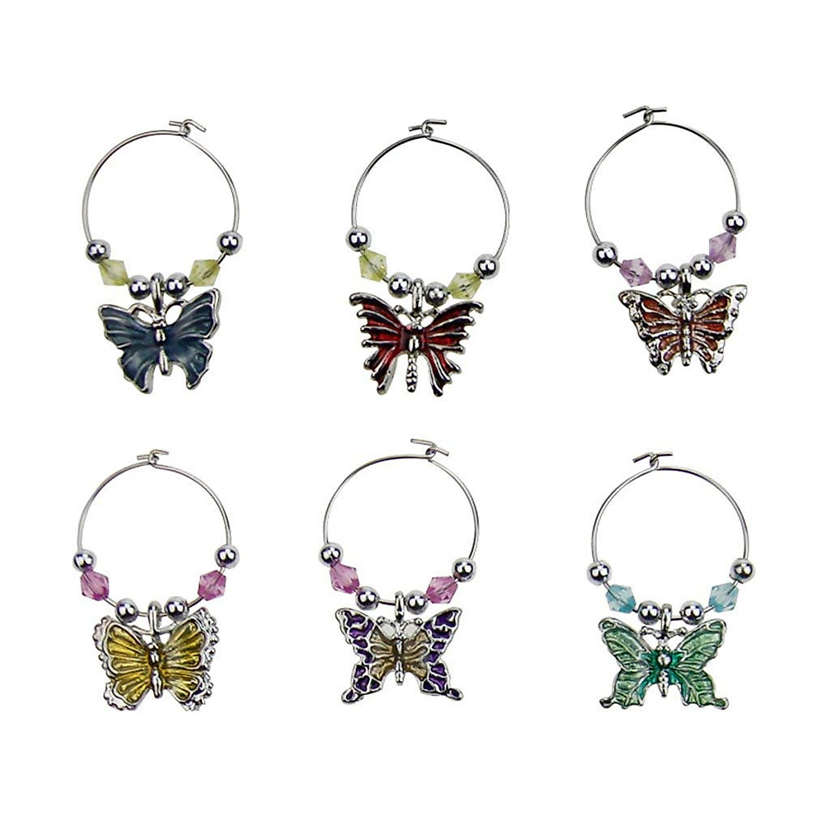 6pcs Wine Glass Charms Butterfly Sterling Glass Wine Pendant Ring Charms Table Decor