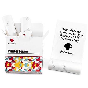 Phomemo 3 Inch Thermal Sticker Paper for Phomemo M03/M03AS/M04S Portable Photo Printer Notes Printer, Black on White, 77mm x 3.5m, 3 Inch X 11.5 ft, 3 Roll