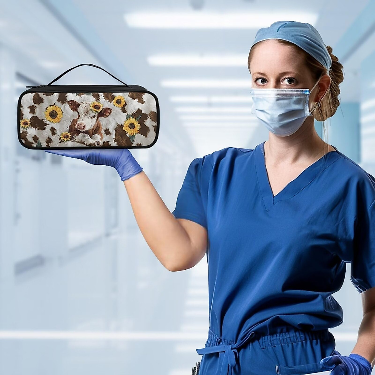 Sepetwhos Sunflower Cow Stethoscope Carrying Case Large Stethoscope Holderwith Mesh Pockets Portable Hard Organizer Storage Bag Stethoscope Accessories