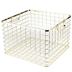 Keebgyy Stainless Steel Clothes Laundry Storage Basket, Laundry Hamper, Laundry Basket, with Handles Organizer Storage Basket Clothes Organizer Stainless Steel Basket for Kitchen Bedroom Gold