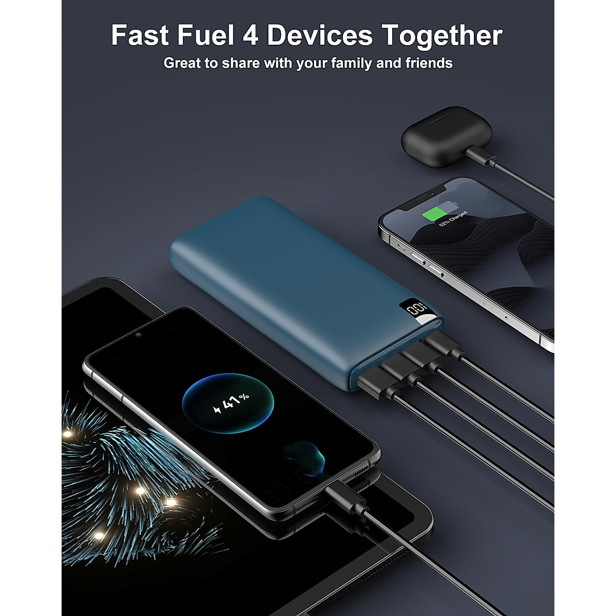 IXNINE Power Bank 26800mAh Portable Charger, High Capacity Phone Charger Compact External Battery Pack with LED Display and 4 Fast Charging Outputs for Cellphone Tablet Survival Gear (Blue)