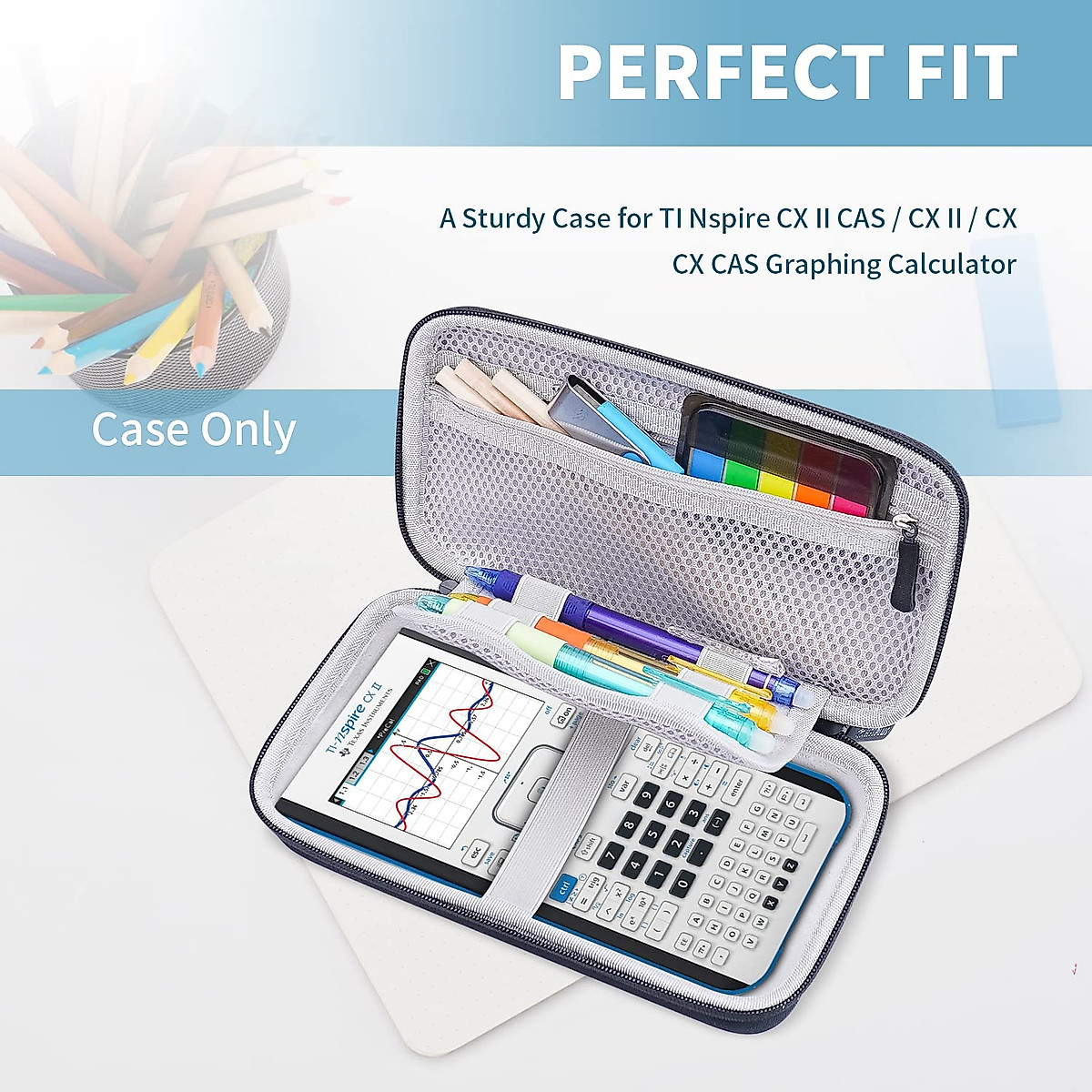 HESPLUS Graphing Calculator Carrying Case for Texas Instruments TI-Nspire CX II CAS/TI-Nspire CX II/TI-84 Plus CE/TI-Nspire CX/TI Nspire CX CAS Graphing Calculator, Extra Pocket for Charger USB Cables