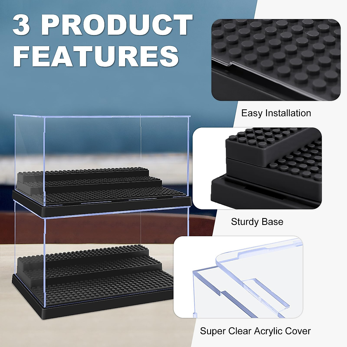 Minifigures Display Cases, 2 Pack Mini-Figure Display Box for Block Figures, Minifigures Case with 3 Removable Stands Fits for Lego Standard Figures, Compatible with Lego People (Black)