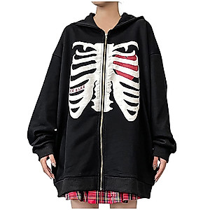 zhuiming Skeleton Zip Up Hoodie for Women Y2k Oversized Skull Graphic Zipper Hooded Jackets Sweatshirts Tops Cute Stuff for Teen Girls Alt Clothing Indie Aesthetic Fairy Grunge Emo Preppy Clothes