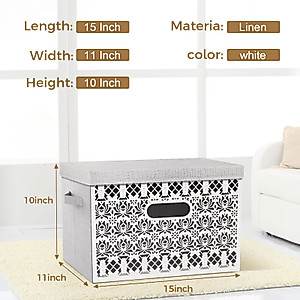 Iirios Storage Bins With Lids, 3 Pack Linen Foldable Storage Bins, Metal Clothes Storage Containers with Handles, Stackable Storage Baskets for Clothing, Blanket, Comforters, Pillows and Toys (White)