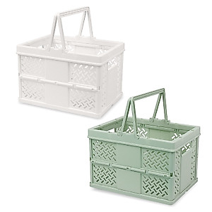 Klyuqoz Pastel Crates for Storage, Cute Crates Pack of 2, Collapsible Crate, Shopping Basket with Handle, Folding for Home Kitchen Office. Size (7.5 x 5.3 x 4.9 in), Green, White