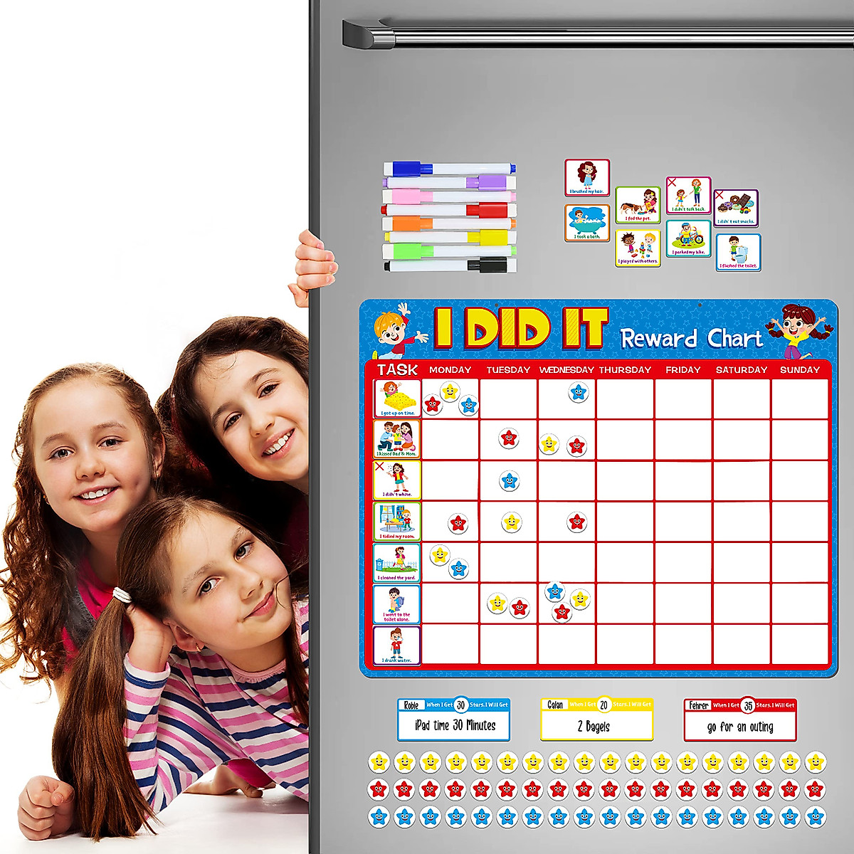 Magnetic Reward Chart, Dry Erase Kids Behavior Responsibility Task Board-84 Chores (including 7 Blanks), 272 Magnetic Stars, 8 Markers & 3 Name Cards-Good Behavior Daily Routine to motivate kids