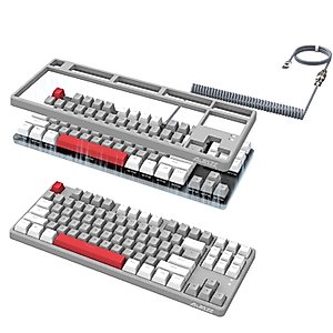 A.JAZZ AK873 Wired 87 Key TKL Retro Color Mechanical Gaming Keyboard with Rainbow Backlit Hot-swap Linear Red Switch NKRO Gasket Custom Coiled Aviator C to A Cable for Win/PC/Mac Gamer(White Gray)