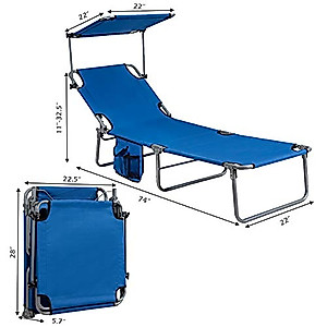 Giantex Lounge Chaise Chair Position and Shade Adjustable W/Canopy and Storage Pocket Folding Cot Recliner for Garden, Yard, Pool Side and Beach Sunbathing Folding Lounge Chairs(1, Navy)
