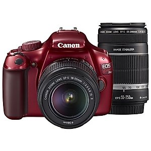 Canon Digital SLR Camera EOS Kiss X50 with zoom KIT EF-S18-55mm F3.5-5.6 IS II + EF-S55-250mm F4-5.6 IS II (Red) - International Version (No Warranty)