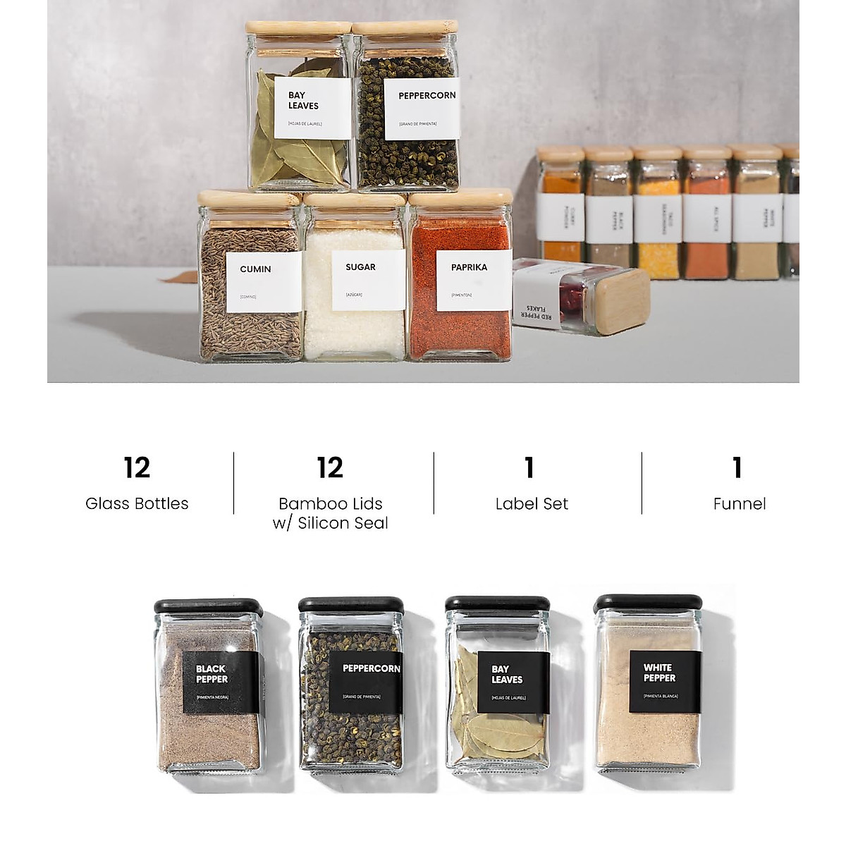 Glass Spice Jars with Labels - 4oz Glass Jars with Bamboo Lids, Square Spice Jars with Labels, Empty Spice Bottles for Seasoning Organizer, Spice Drawer Organizer and Kitchen Storage, 12 Pack, White