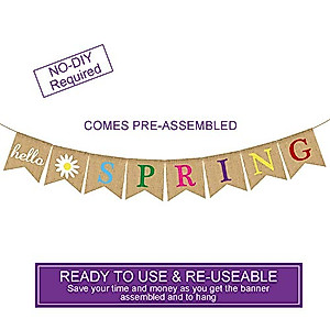 Hello Spring Banner Burlap - Rustic Spring Banner Garland - Spring Decorations - Indoor Outdoor Mantel Fireplace Hanging Decor