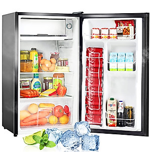 Compact Refrigerator, 3.2 Cu.ft Freestanding mini Fridge with Freezer and Reversible Door, 5 Settings Temperature Adjustable, 37dB Quiet, Suitable for Kitchen, Bedroom, Office, Dorm, Apartment, Black