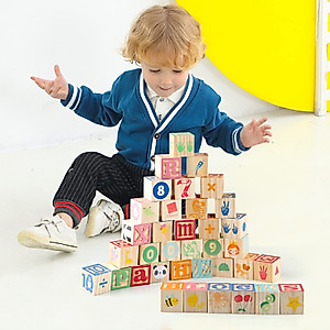 FOPNETS Wooden ABC Building Blocks 36 Large Stacking and Building Blocks for Toddlers Colorful Alphabet Number Icons Preschool Educational Montessori Toys for Boys Girls Gifts