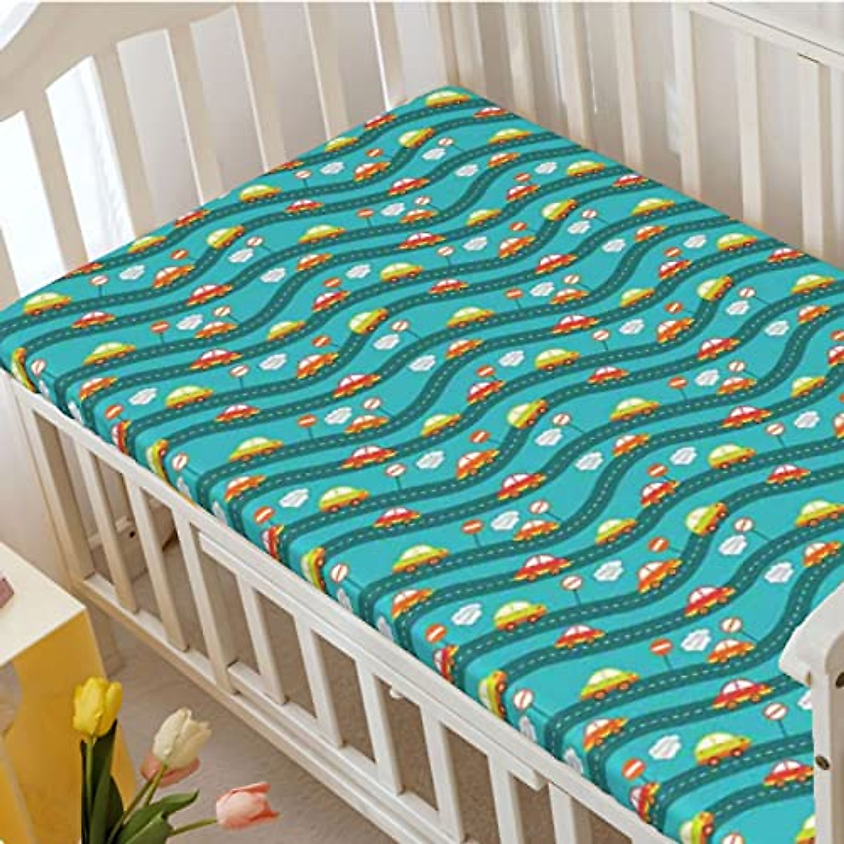 Cars Themed Fitted Crib Sheet,Standard Crib Mattress Fitted Sheet Soft & Stretchy Fitted Crib Sheet-Baby Sheet for Boys Girls, 28“ x52“,Multicolor