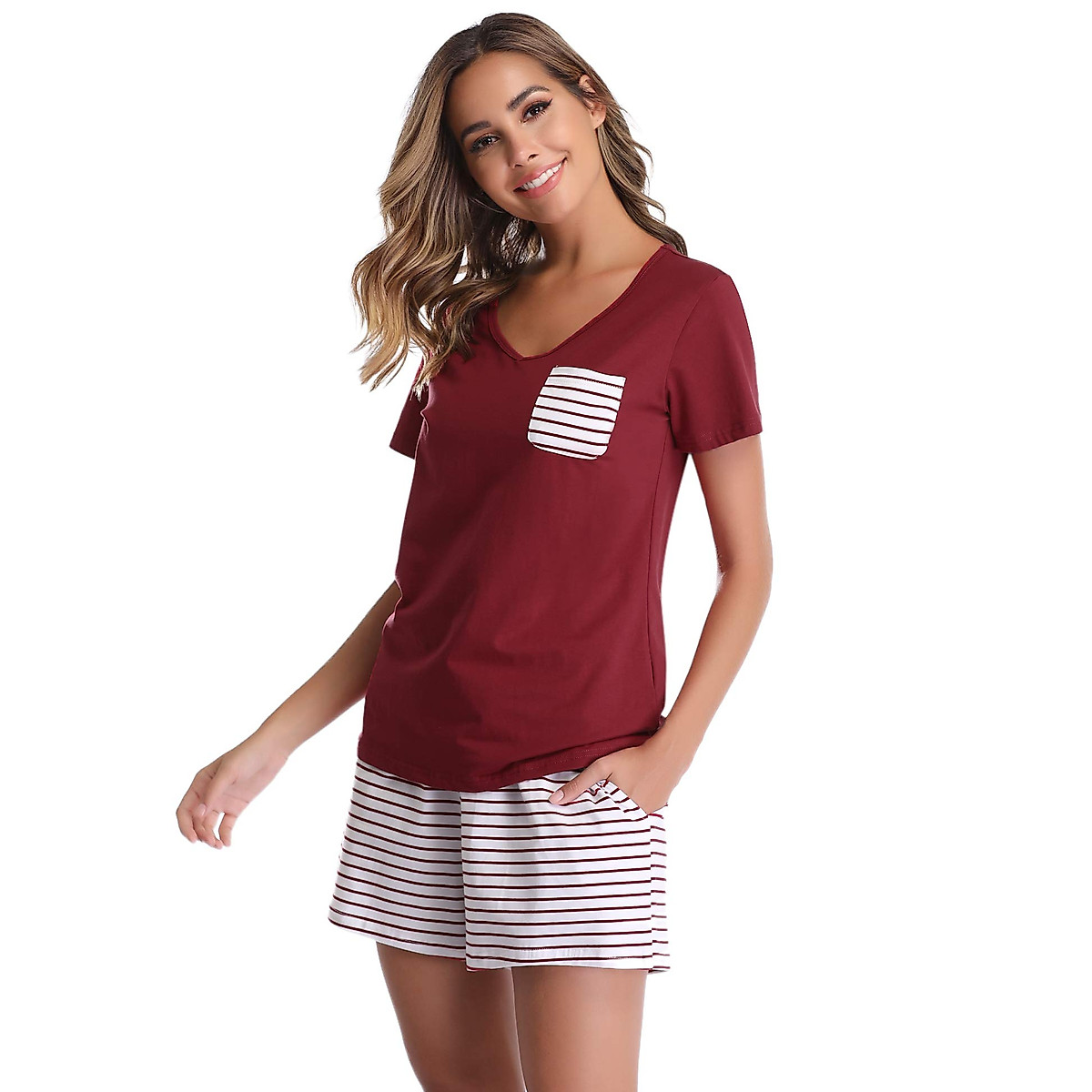 Vlazom Womens Pajama Set Cotton Short Pj Set Summer Stripe Lounge Set for Sleeping Yoga Gym Running Dark Red