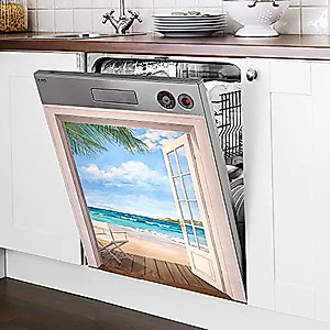 Greture Seaside View Kitchen Dishwasher Front Cover Magnetic Sticker, Refrigerator Panel Decal, Kitchen Utensils Sticker Decoration 23W x 26H Inch