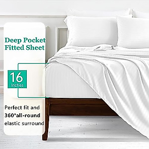 JOOKI Striped Bed Sheets Set Full, 100% Microfiber Full Size Sheets Set Luxury Hotel Soft Cooling Sheets, 16" Deep Pocket Sheets, Breathable Wrinkle Free 4 Piece Bedding, White