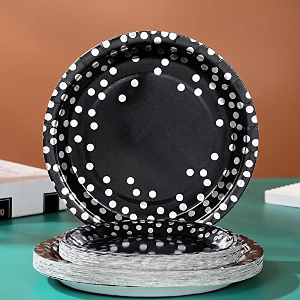 Gudvilla 200Pcs Black & Silver Dot Party Dinnerware for Graduation, Birthday, Retirement & Anniversary