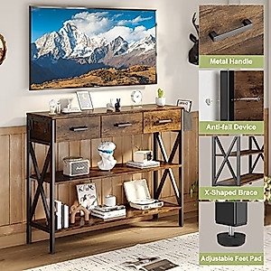 Gizoon 47" Console Table with 3 drawers, Industrial Entryway Table with 3 Tier Storage Shelves, Narrow Long Sofa Table for Entry Way, Hallway, Couch, Living Room, Kitchen, Rustic Brown