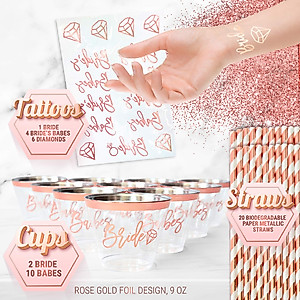 66 Piece Rose Gold Mega Bachelorette Party Decorations Kit, Fun Bridal Shower Decorations Pack, Bride to Be Sash, Rose Gold Cups, Veil, Bride & Ring Balloons, Premium Bridal Decorations for Shower
