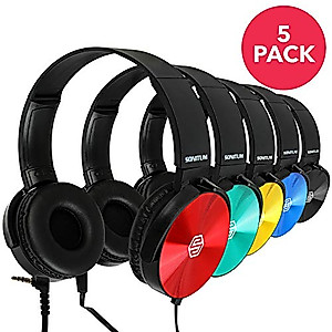Kids Headphones Bulk 5 Pack, Student On Ear Color Varieties, Comfy Swivel Earphones for Classroom, Library, School, Airplane, for Online Learning and Travel, Noise Stereo Sound 3.5mm Jack (Colorful)