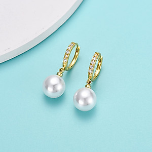 CERSLIMO Gold Pearl Earrings for Women | S925 Sterling Silver Post Simulated Shell Pearl Hoop Dangle Drop Earrings, Hypoallergenic Cubic Zirconia Huggies Earrings Bridesmaid Jewelry