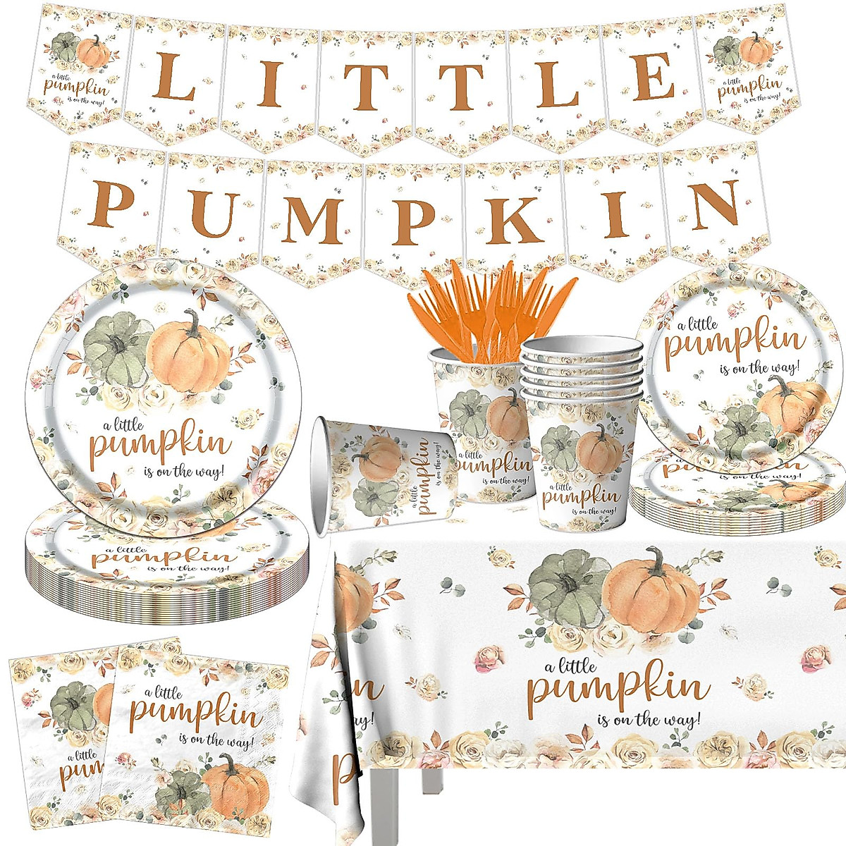 Little Pumpkin Baby Shower Tableware Party Decorations A Little Pumpkin is on The Way Fall Farm Pumpkin Floral Thanksgiving Party Supplies Disposable Tablecloth,Plates,Napkins,Cups