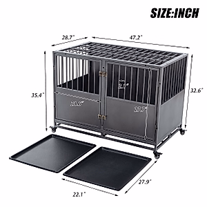 Stackable Heavy Duty Dog Crate Dog Cage, Indestructible Metal Dog Kennel Lockable for Medium Large Dogs with Sturdy Door Lock and Removable Trays, 47 Inch
