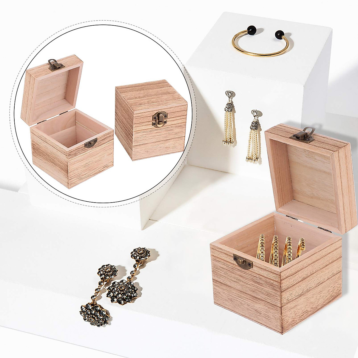 Cabilock Wooden Box 2pcs Unfinished Square Wood Box DIY Craft Wooden Box Jewelry Ring Box Unpainted Storage Box with Hinged Lid Front Clasp for Bracelet Watch Necklace Earrings Style 2 Memory Box