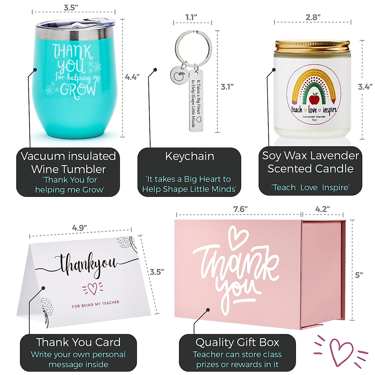 Little Mindings End of Year Teacher Gifts | Teachers Appreciation Gift Sets | Teacher Gift Set for Women: 12oz Tumbler, Thank You Candle, Keychain, Thank You Teacher Card