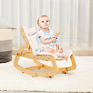 MallBest 3-in-1 Baby Bouncer Adjustable Wooden Rocker Chair Recliner with Removable Cushion and Seat Belt for Infant to Toddler (Beige)