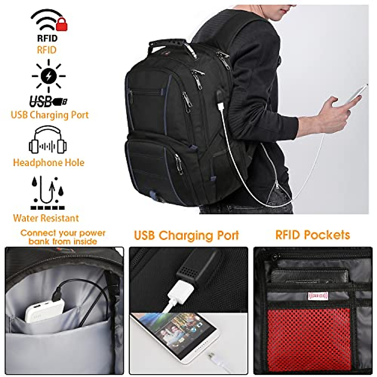 LTINVECK Extra Large 50L Travel Laptop Backpack, Computer bag Backbag with USB Charging Port, TSA Friendly Durable Big RFID Heavy Duty Business Tech Backpack Fits 17 Inch Laptops for Men Women