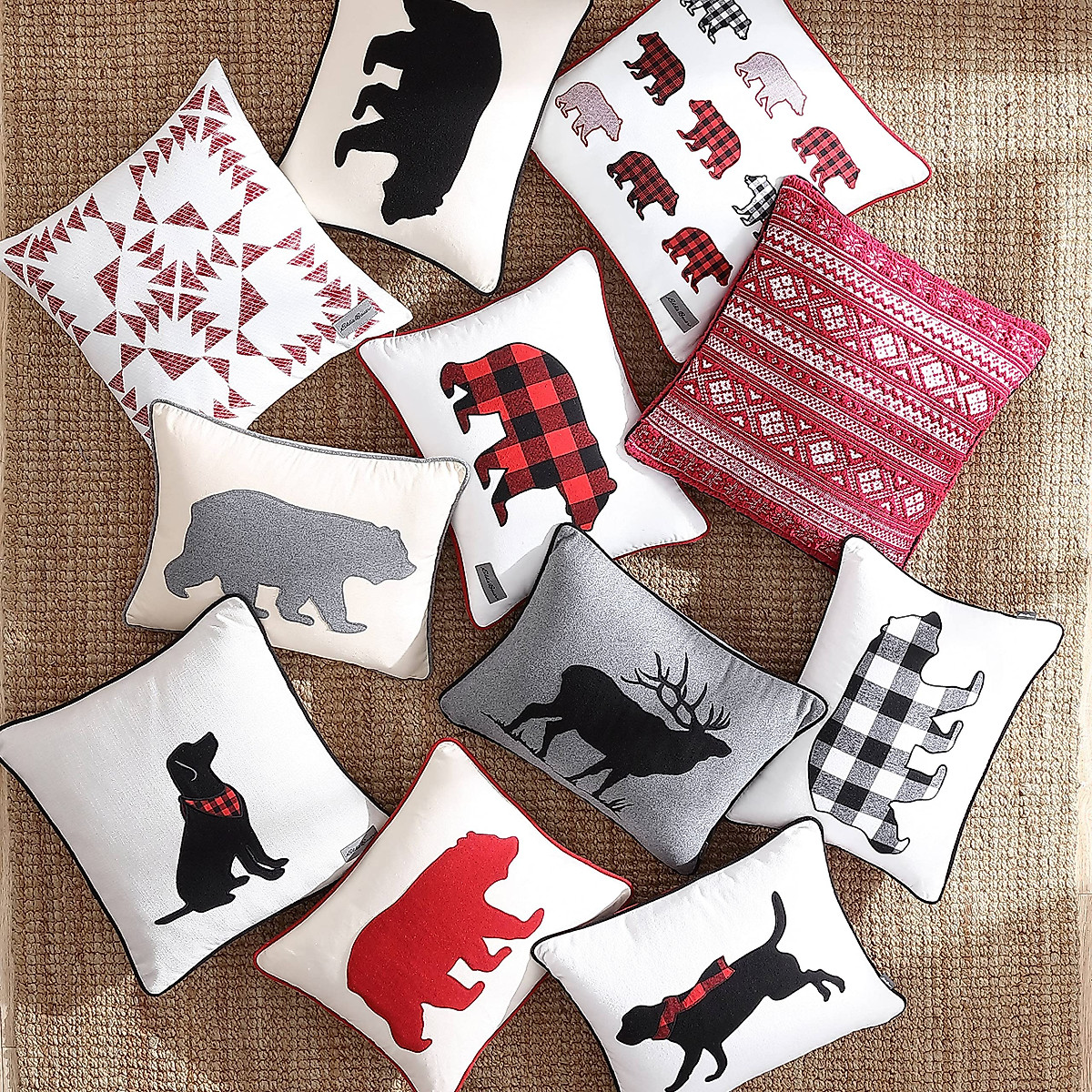 Eddie Bauer - Appliqued Throw Pillow Cover Set, Buffalo Plaid Home Decor, Decorative Pillows for Couch (Cabin Plaid Bear Red/Black, 2 Piece)