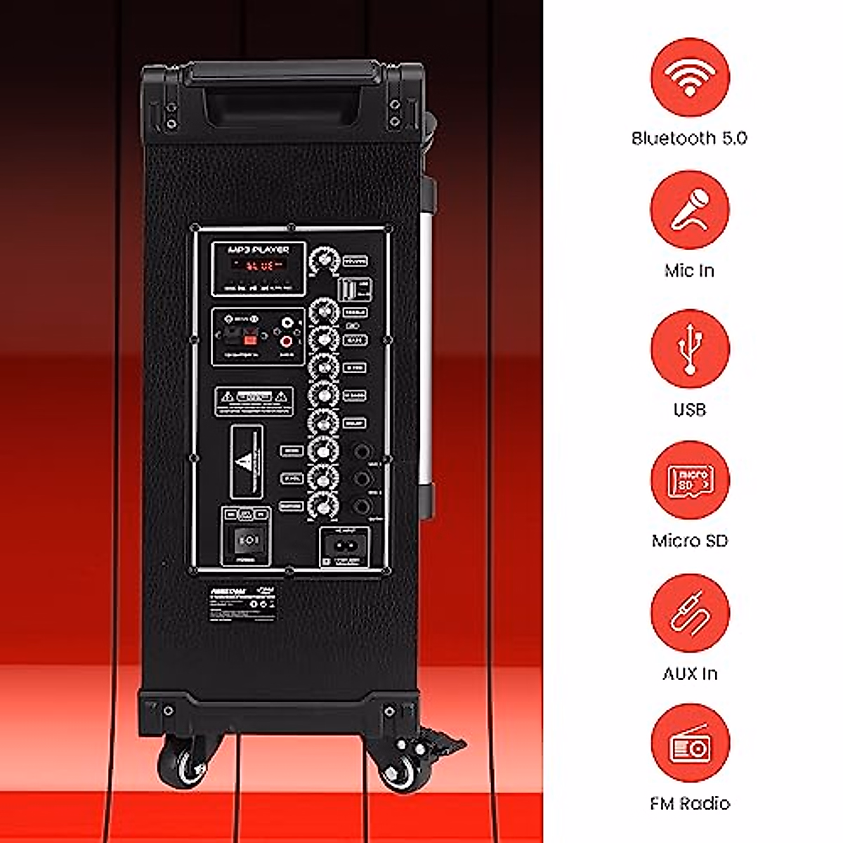 Pyle 12'' Portable Wireless Bluetooth Speaker System - Built-in Rechargeable Battery, Wireless Microphone, USB/Micro SD/FM - 80 Watt - FM Radio with Digital LED Display, PWMA1299A