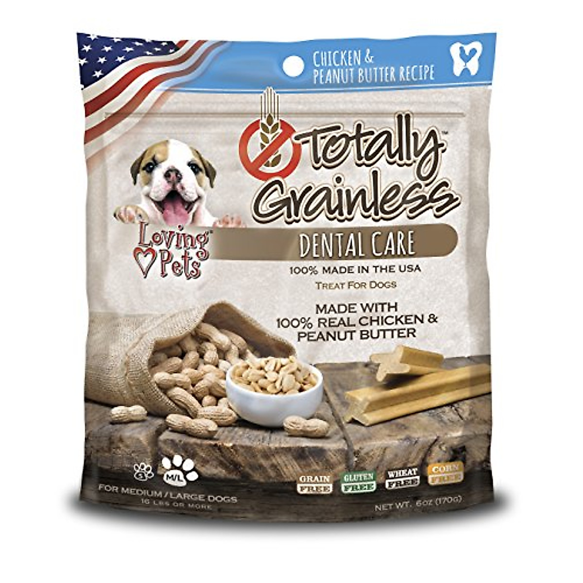Loving Pets Totally Grainless - Chicken and Peanut Butter Dental Sticks for Dogs (for Medium/Large Dogs 20+ lbs), 6oz