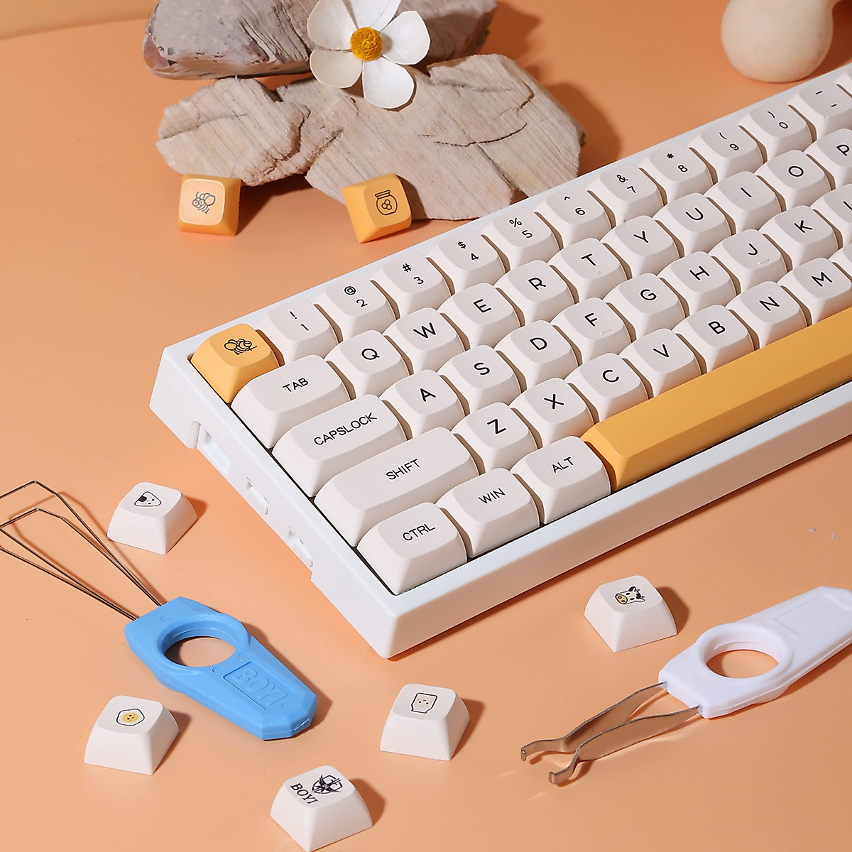BOYI WK68 Wireless Mechanical Keyboard,65% Hot Swap BT5.0/2.4G/Wired Type-C Tri-Mode RGB Gaming Keyboard,PBT Sublimation XDA Keycaps Keyboard for Mac/Win(Honey Milk Color,Gateron Yellow Switch)