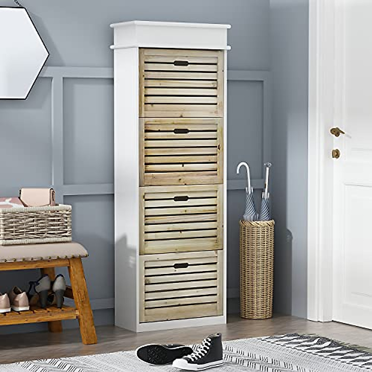 Homsee Modern Shoe Cabinet with 4 Flip Down Drawers, Wood Shoe Rack Storage Organizer for Entryway, Hallway, White and Natural (21.7”L x 9.8”W x 61”H)