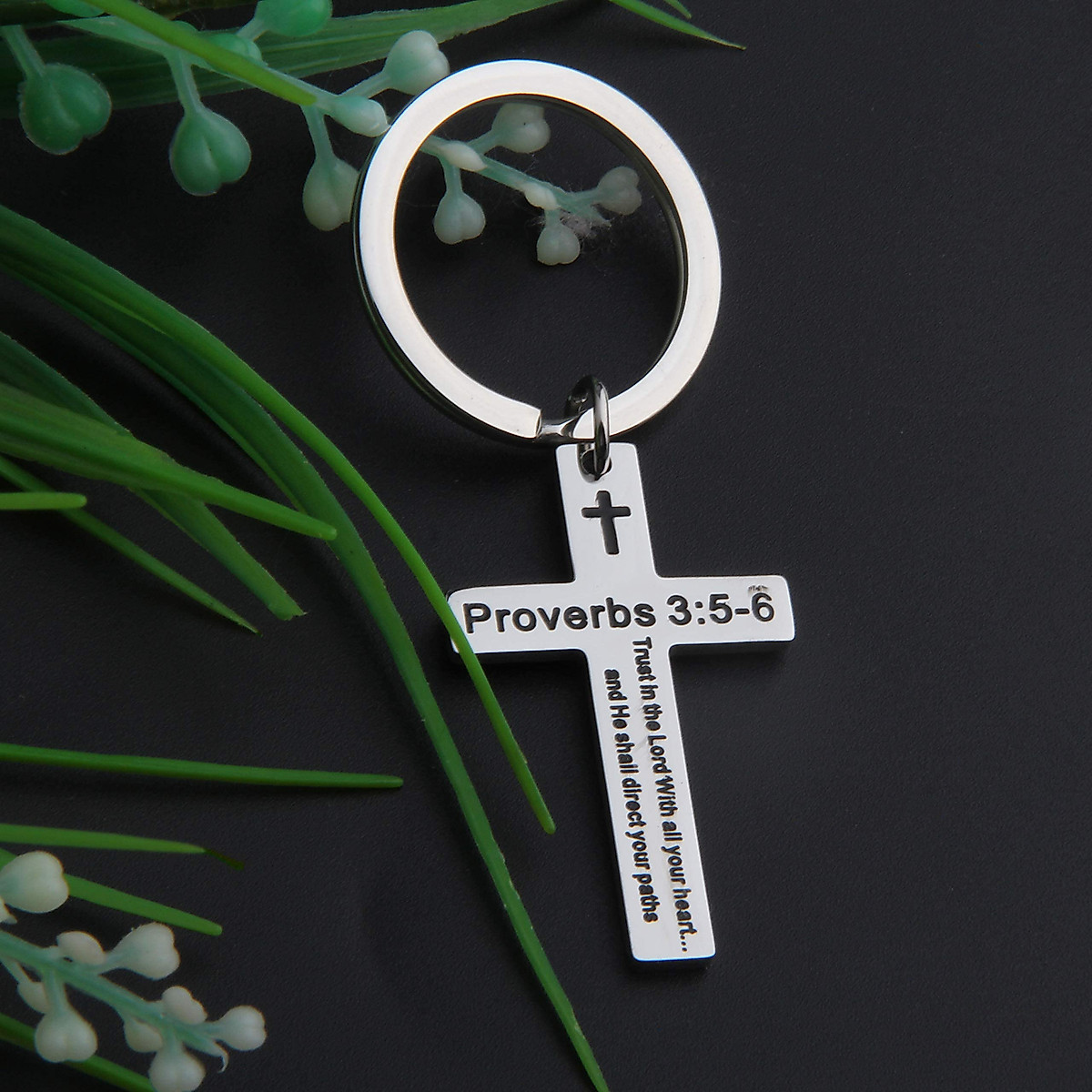 BEKECH Christian Keychain Trust in The Lord Proverbs 3:5-6 Keychain Cross Charm Religious jewelry Christian Gift (silver cross)