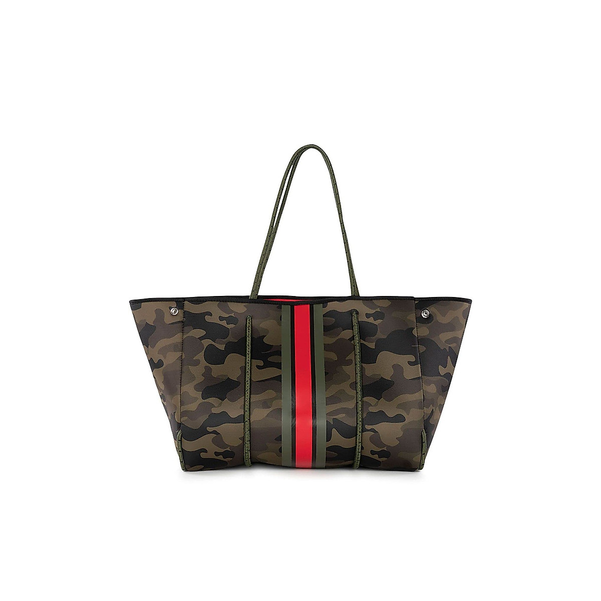 Haute Shore - Greyson Soho Neoprene Tote Bag w/Zipper Wristlet Inside, Green Camo W/Olive, Black, & Red Stripe