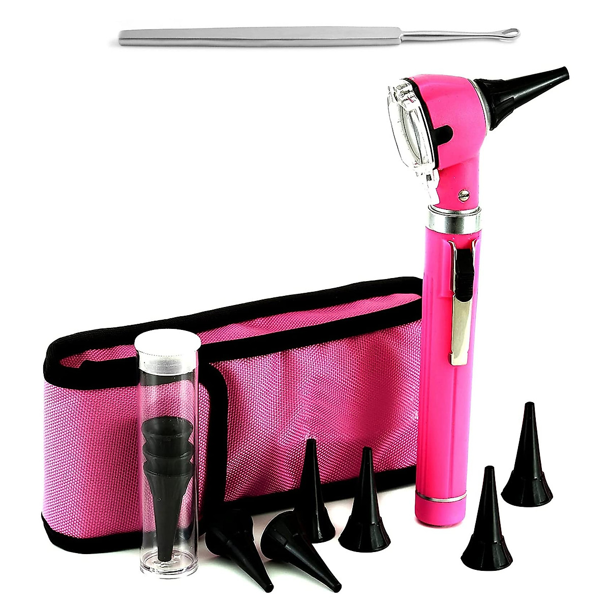 OdontoMed2011 Ear Wax Remover Ear Syringe 2 Oz Otoscope Kidney Tray Medical Grade Tools (Pink Otoscope W/Ear Wax Remover Curette)