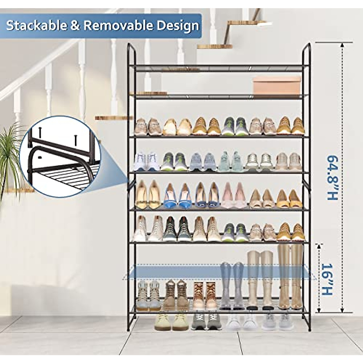 AOODA 4 Tier Long Shoe Organizer for Closet, Wide Stackable Metal Shoe Rack for Entryway, Bedroom, Floor, Shoe Shelf Storage Organizer Holds 30 Pairs of Men Sneakers (Bronze)